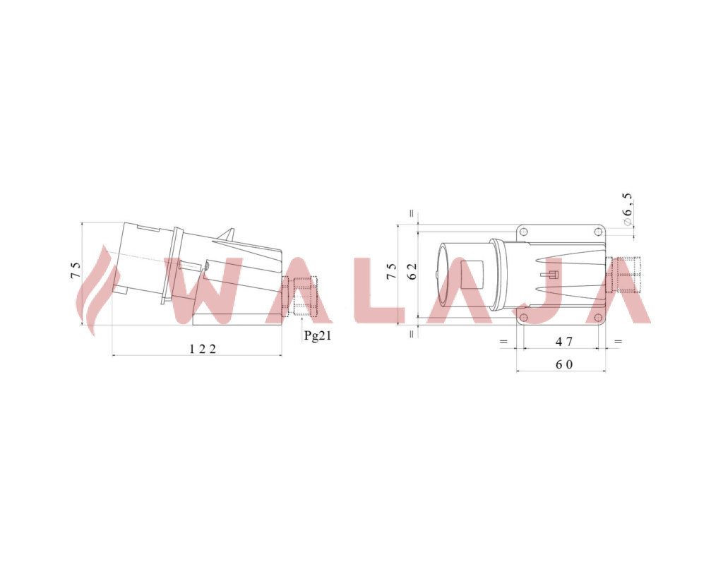 GEWISS WALL MOUNTED PLUG -90 DEG – GW60401-IP44-16A-3PIN-110V - WALAJA